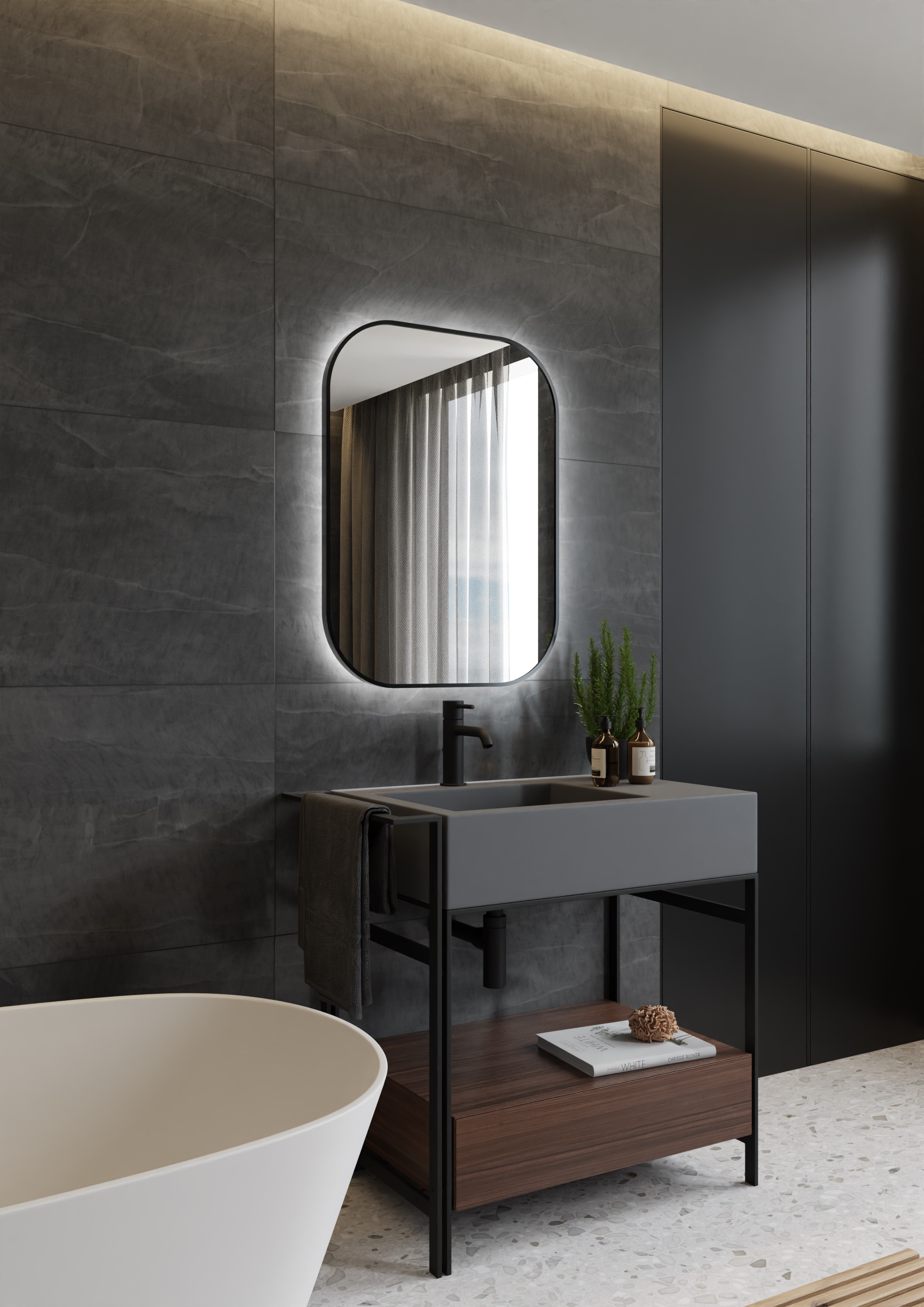 Lustro łazienkowe z oświetleniem LED dekoracyjne w ramie metalowej ...